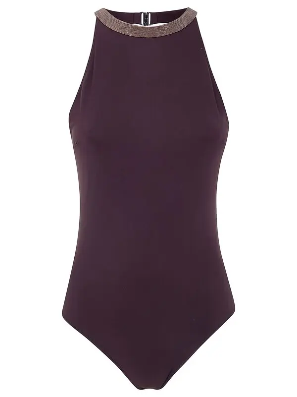 Brunello Cucinelli Embellished Halterneck One-piece Swimsuit - Brown