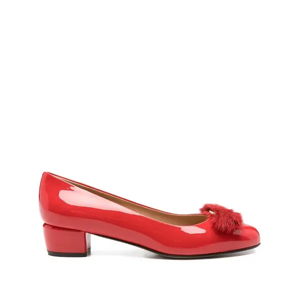 FERRAGAMO Patent Leather Braided Trim Block Heel Pumps