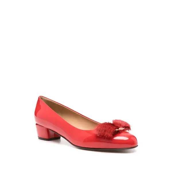 FERRAGAMO Patent Leather Braided Trim Block Heel Pumps