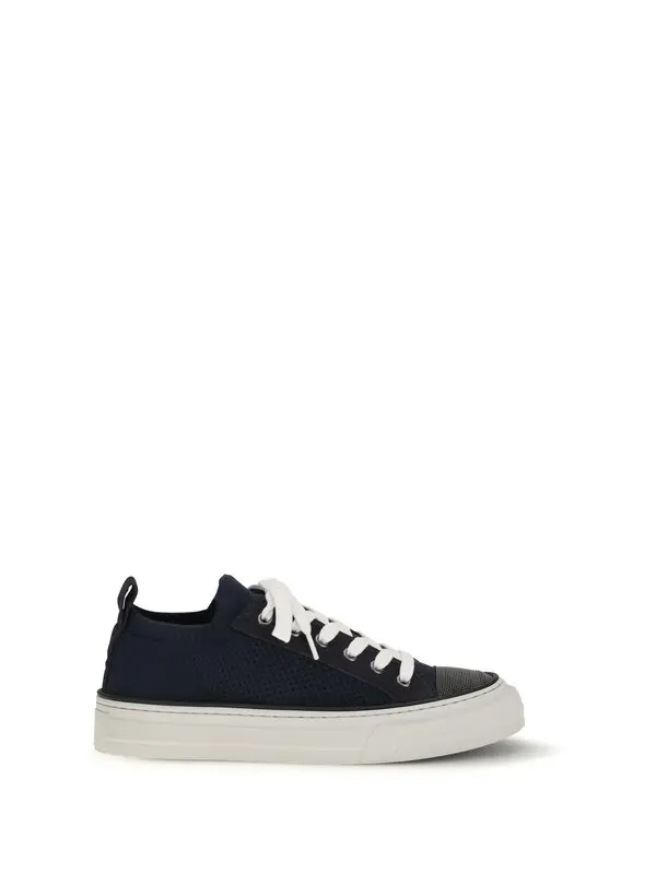 Brunello Cucinelli Cotton Knit And Suede Lace-up Sneakers With Embellished Round Toe - Blue