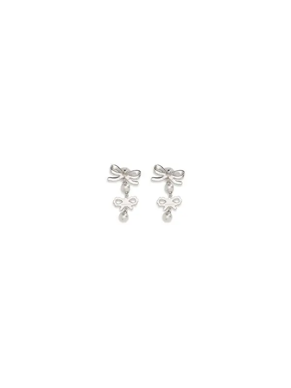 SELF-PORTRAIT Double Bow Pearl Drop Earrings - Silver