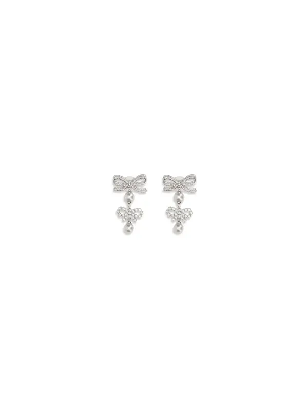 SELF-PORTRAIT Double Bow Pearl Drop Earrings - Silver
