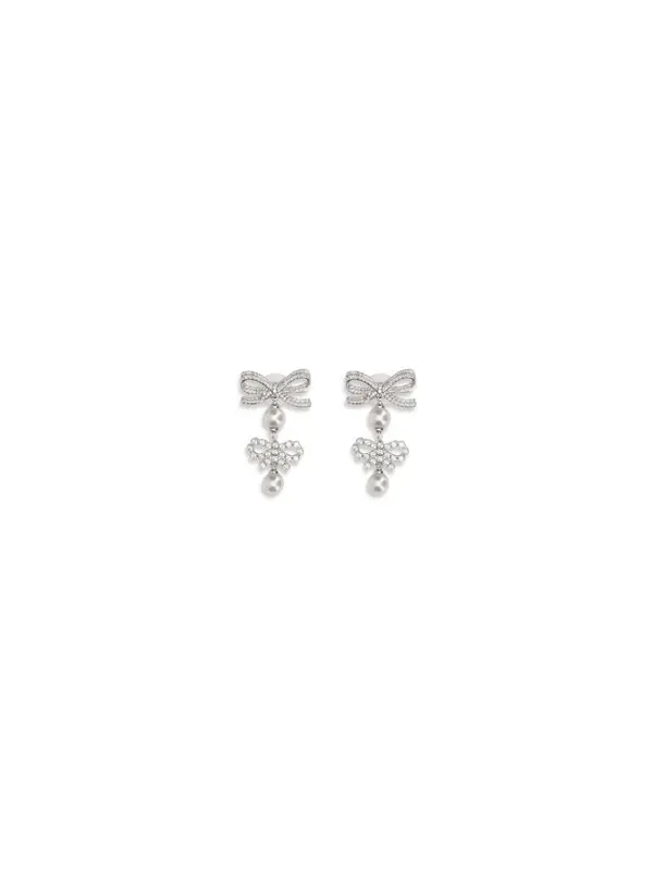 SELF-PORTRAIT Double Bow Pearl Drop Earrings - Silver