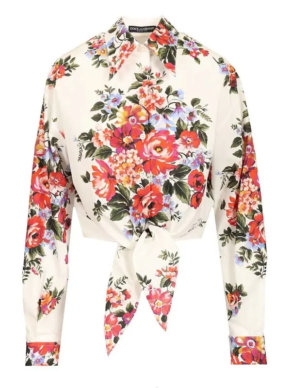 Dolce & Gabbana Floral Print Cotton Shirt With Front Knot Detail - White
