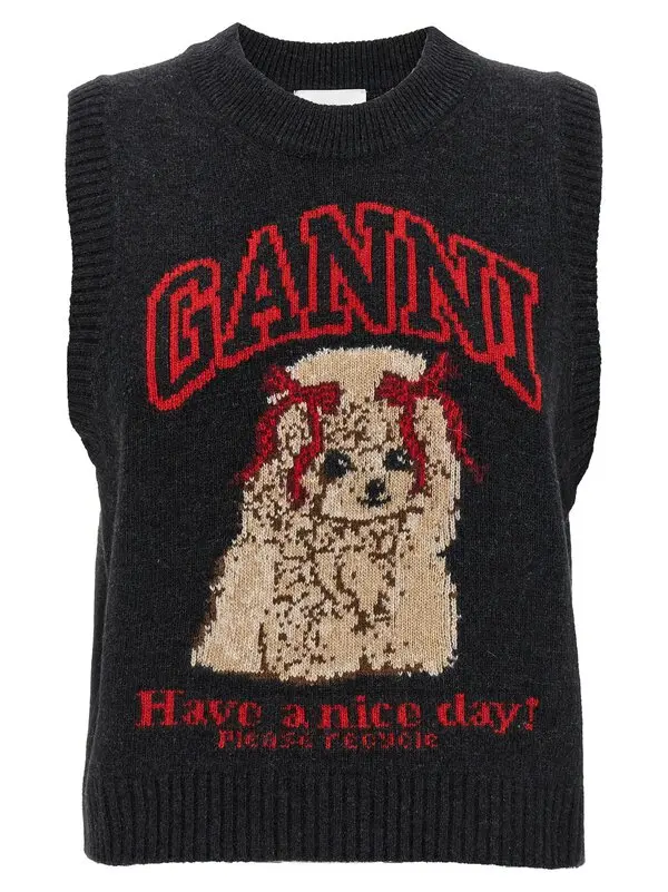 GANNI Dog Jacquard Wool Vest - Black