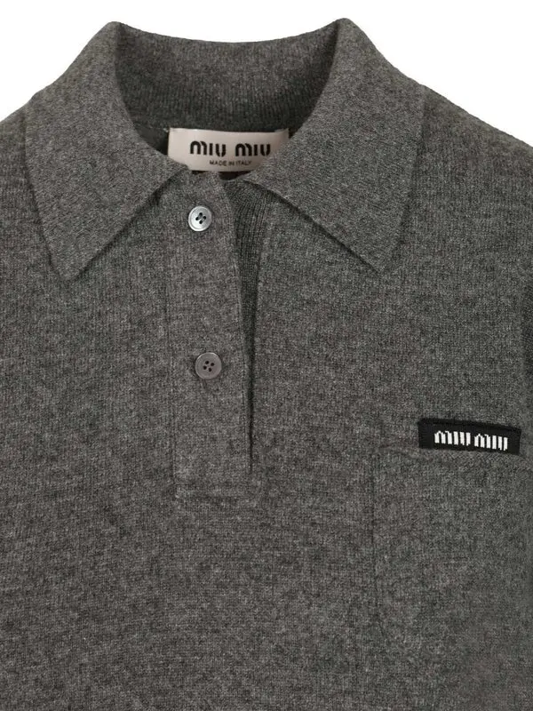 Miu Miu Cashmere Polo Shirt With Logo Patch - Gray