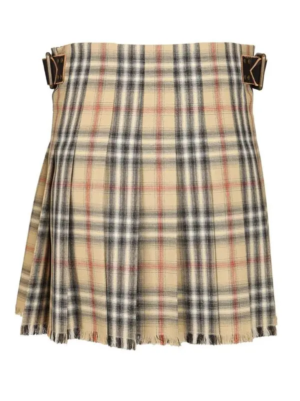 Burberry Check Wool Mini Kilt With Fringes And Buckle Detail - Brown