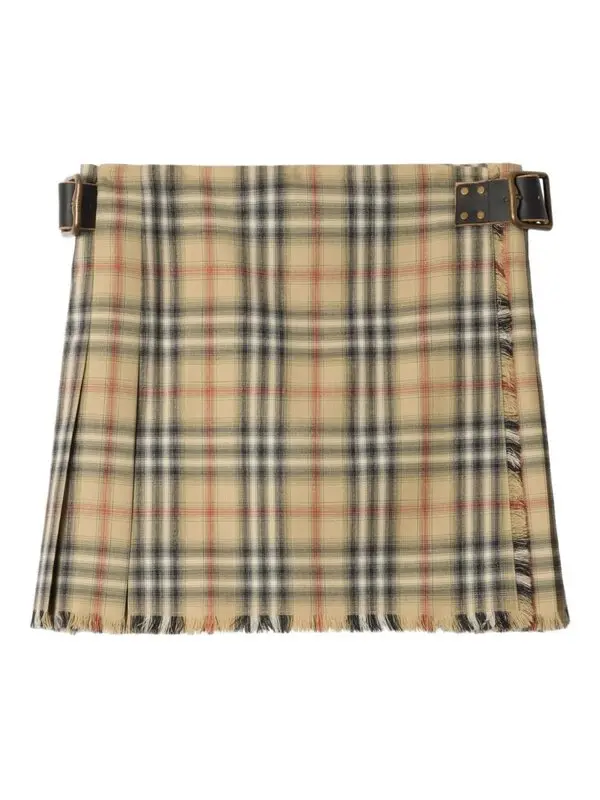 Burberry Check Wool Mini Kilt With Fringes And Buckle Detail - Brown