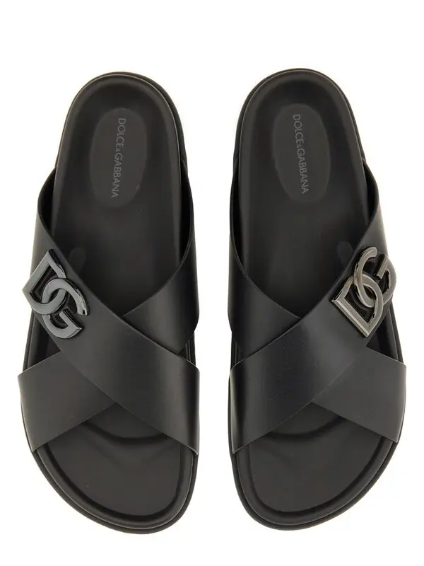 Dolce & Gabbana Calfskin Cross Strap Sandals With Dg Logo