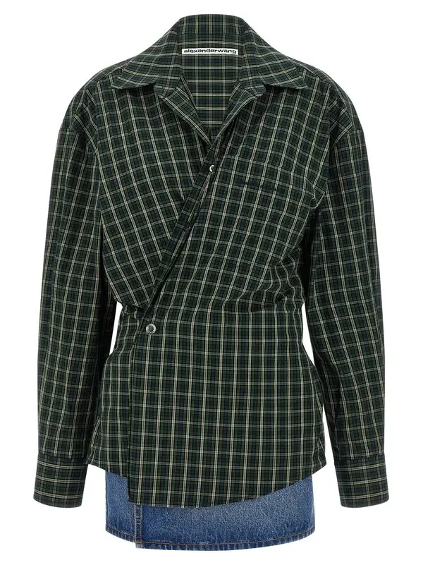 Alexander Wang Check Print Cotton Poplin And Denim Dress - Green