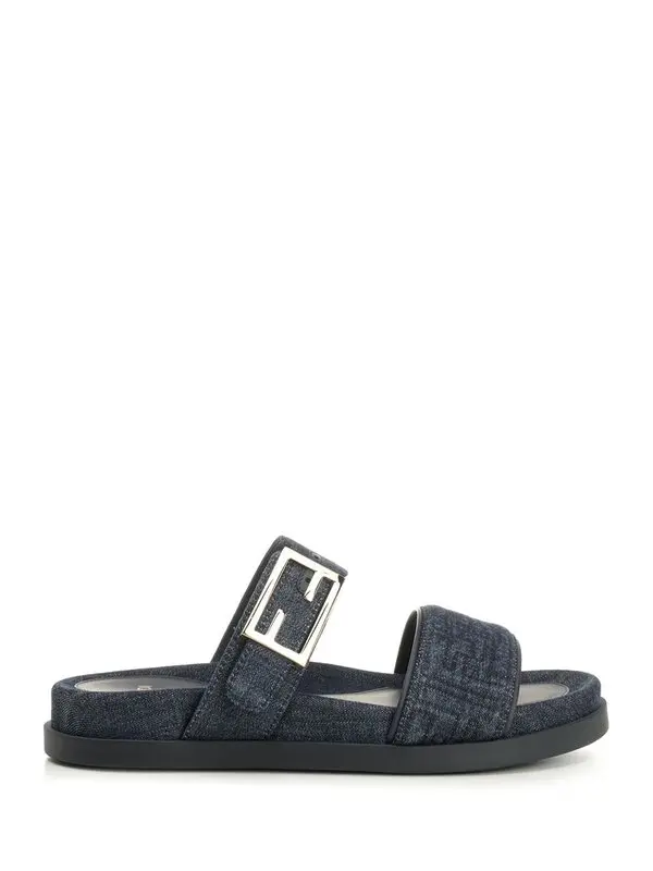 Fendi Flat Denim Slides With Ff Baguette Buckle