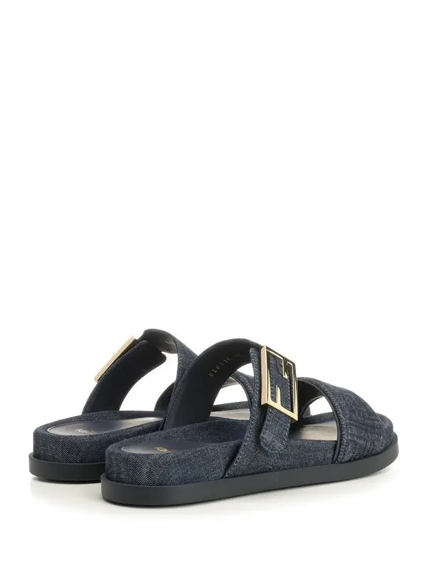 Fendi Flat Denim Slides With Ff Baguette Buckle