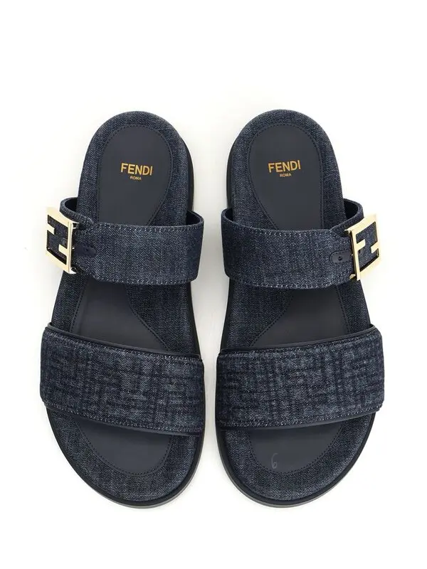 Fendi Flat Denim Slides With Ff Baguette Buckle