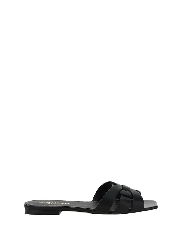 Saint Laurent Woven Leather Square Toe Flat Sandals - Black