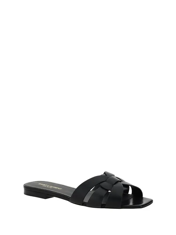 Saint Laurent Woven Leather Square Toe Flat Sandals - Black