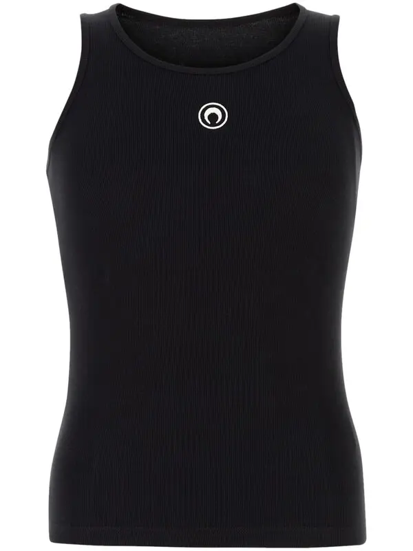 MARINE SERRE Black Cotton Tank Top With Crescent Moon Embroidery - Multicolor