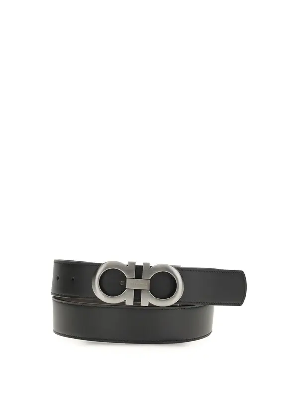FERRAGAMO Double Gancini Leather Belt - Black