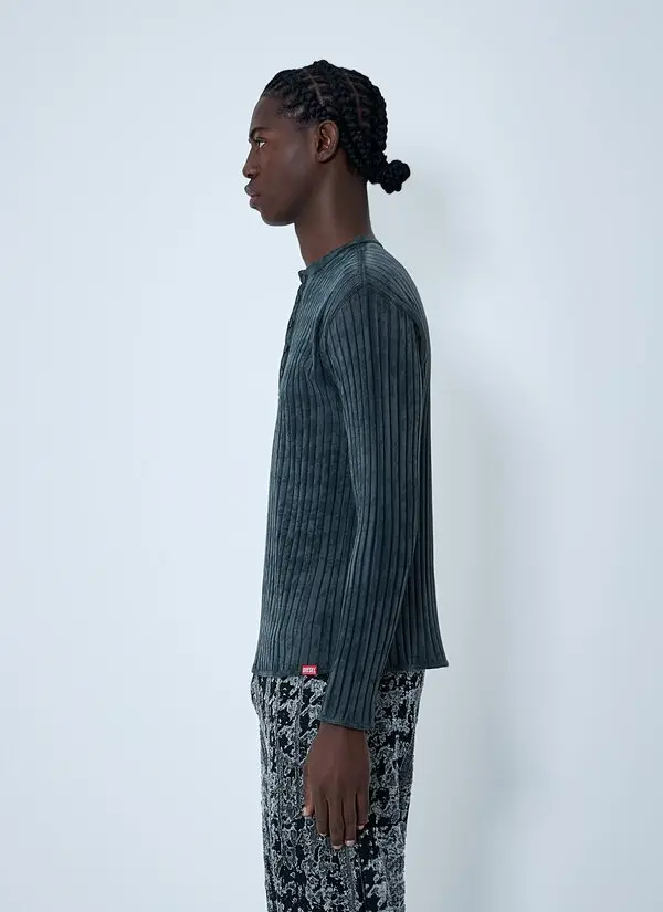 DIESEL® Ribbed Knit Button-front Long Sleeve Top - Blue
