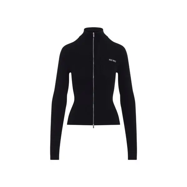 Miu Miu Zip-up Cardigan With Embroidered Logo - Blue