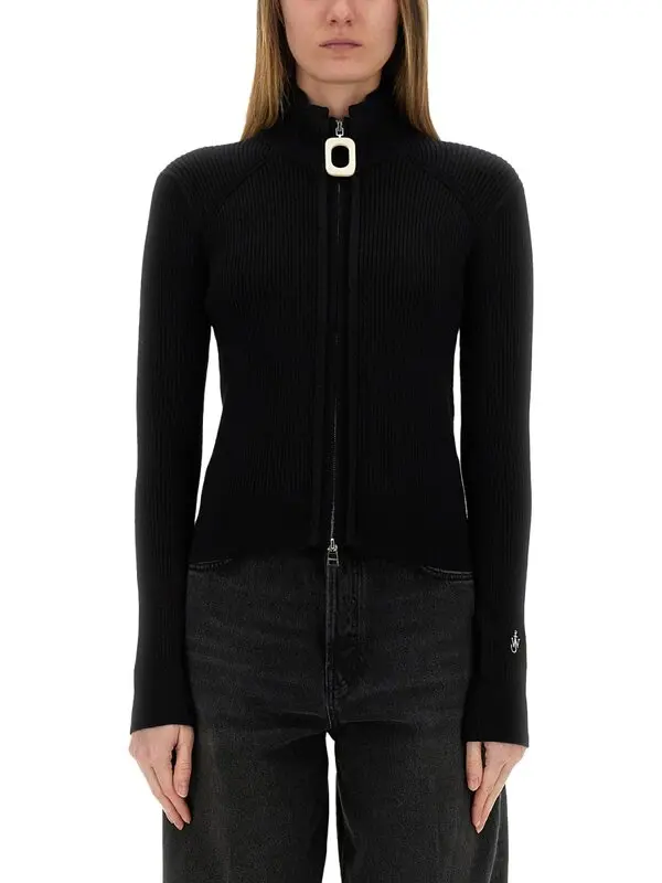 JW Anderson Fitted Ribbed Zip-up Cardigan - Black