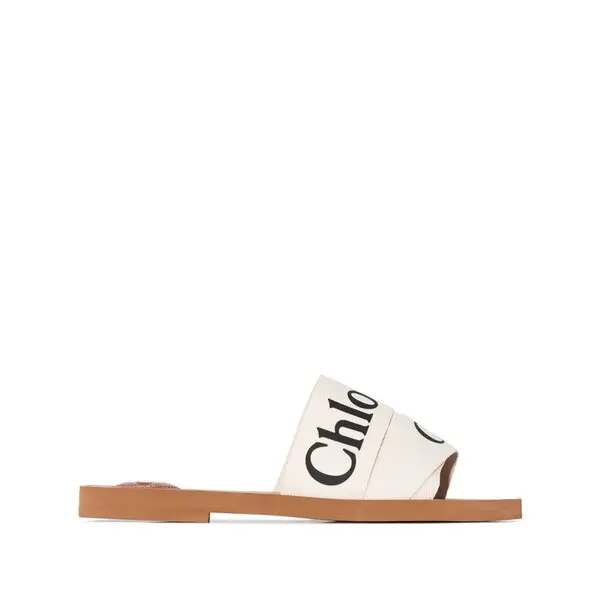 Chloé White Logo Print Flat Slides - Cream