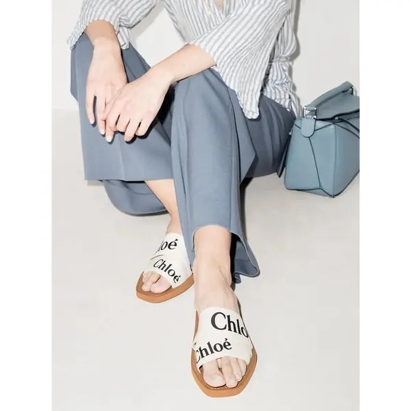 Chloé White Logo Print Flat Slides