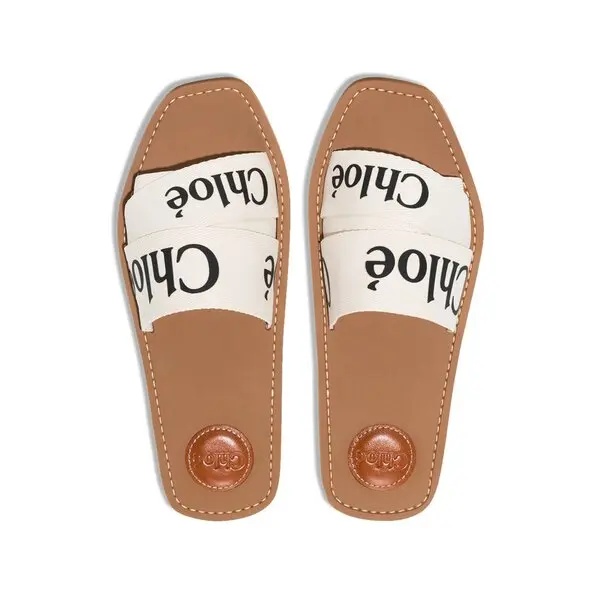 Chloé White Logo Print Flat Slides