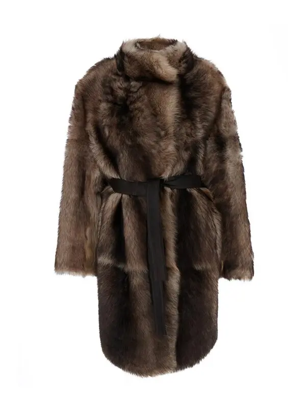 YVES SALOMON Shearling Coat With High Neck And Belt - Multicolor