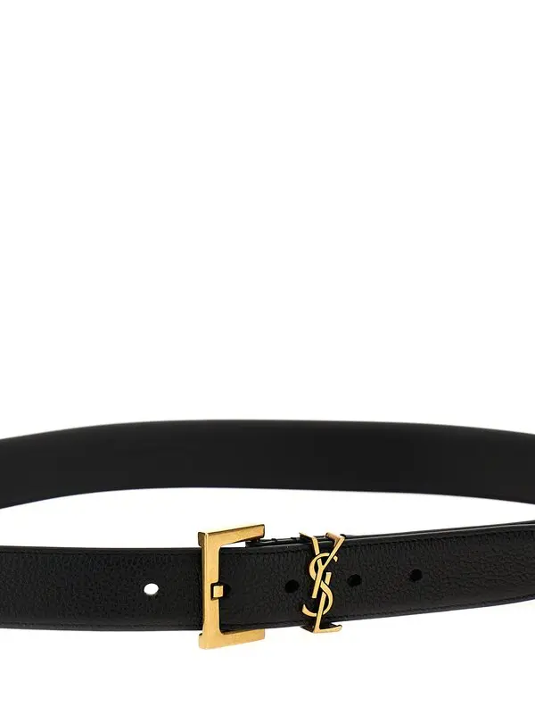 Saint Laurent Cassandre Leather Belt With Logo Buckle - Black