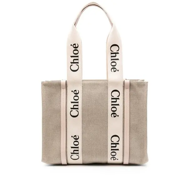 Chloé Linen Woody Tote Bag With Leather Trim - Cream