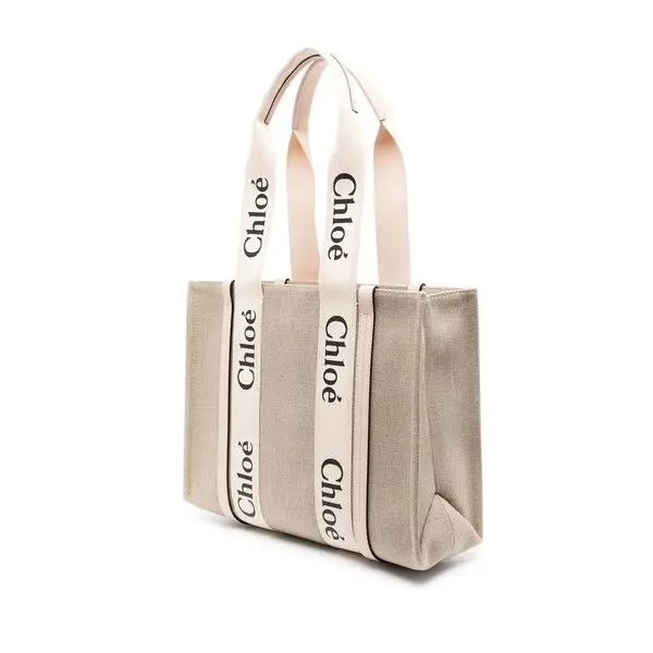 Chloé Linen Woody Tote Bag With Leather Trim - Cream