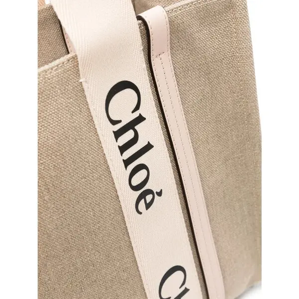 Chloé Linen Woody Tote Bag With Leather Trim - Cream