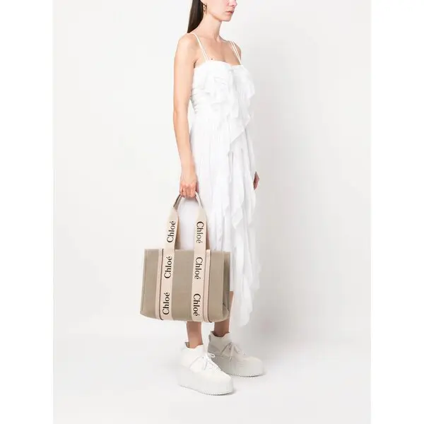 Chloé Linen Woody Tote Bag With Leather Trim - Cream