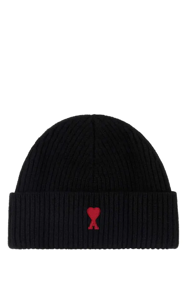 AMI Paris Beanie With Contrasted De Coeur - Black