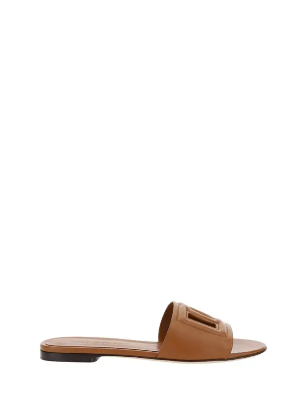 Dolce & Gabbana Embossed Logo Leather Flat Sandals - Brown