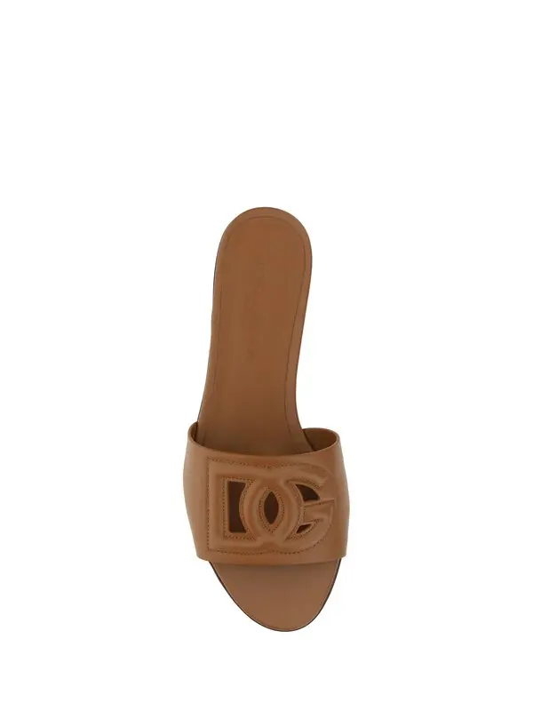 Dolce & Gabbana Embossed Logo Leather Flat Sandals - Brown
