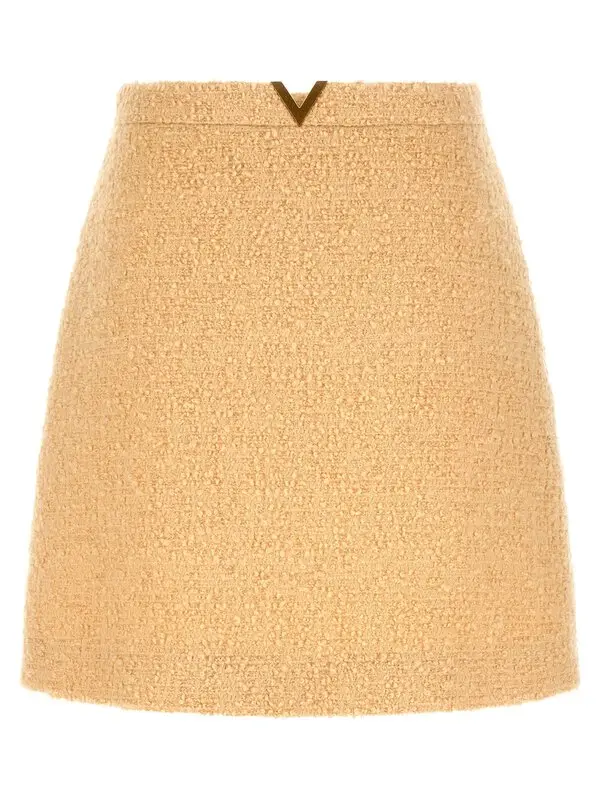 Valentino Garavani V Gold Curly Wool Tweed Mini Skirt - Cream