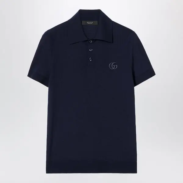 Gucci Dark Wool Knit Polo With Gg Embroidery