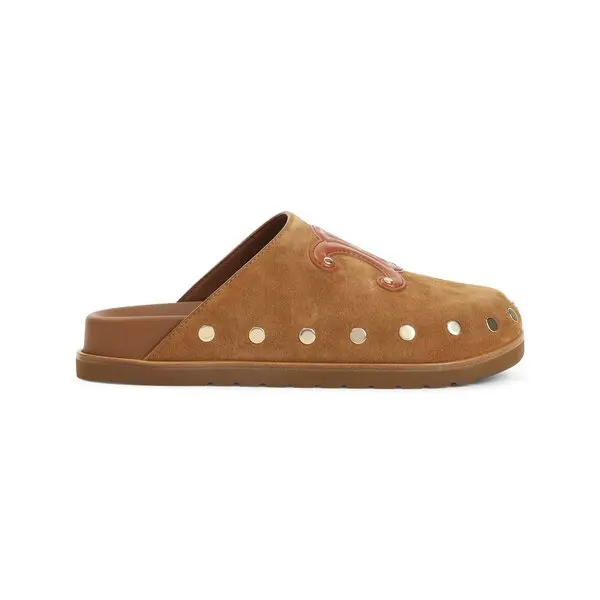Celine Triomphe Wedge Mules In Suede - Brown