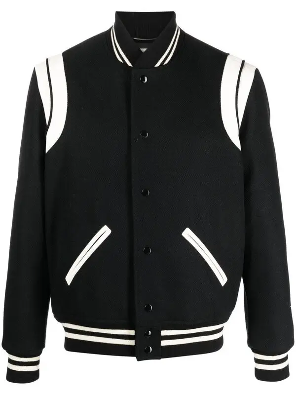 Saint Laurent Teddy" Wool Bomber Jacket With Leather Accents - Black