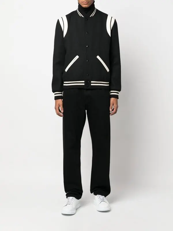 Saint Laurent Teddy" Wool Bomber Jacket With Leather Accents - Black