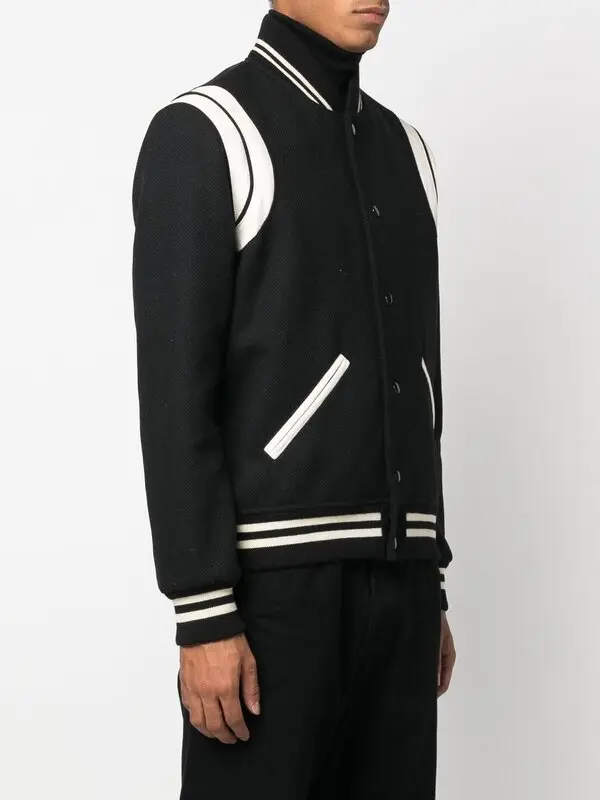 Saint Laurent Teddy" Wool Bomber Jacket With Leather Accents - Black