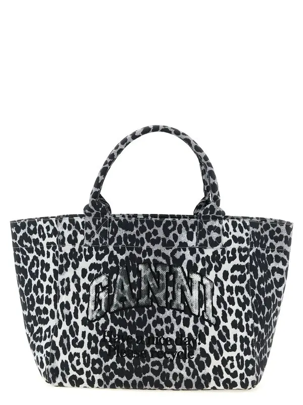 GANNI Leopard Print Embroidered Medium Tote Bag - Gray