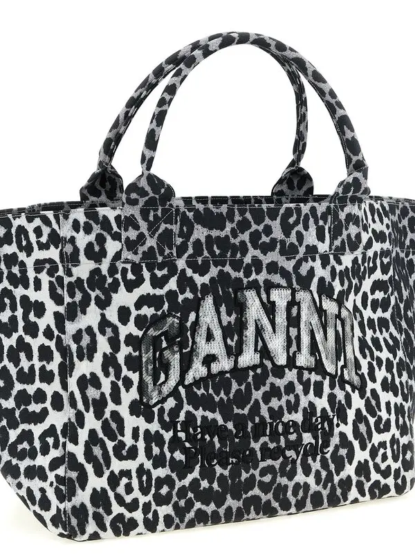 GANNI Leopard Print Embroidered Medium Tote Bag - Gray