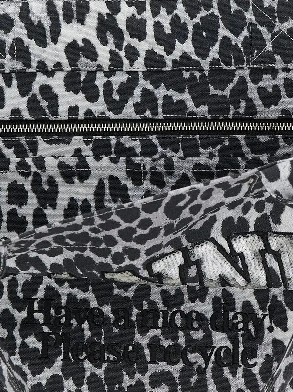 GANNI Leopard Print Embroidered Medium Tote Bag - Gray