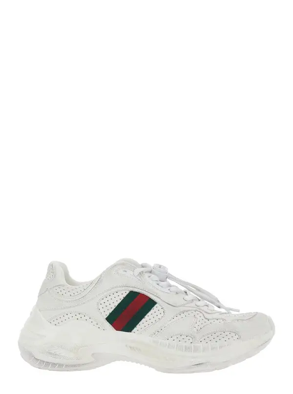 Gucci White Leather Low Top Sneakers With Perforated Design And Web Detail - Multicolor