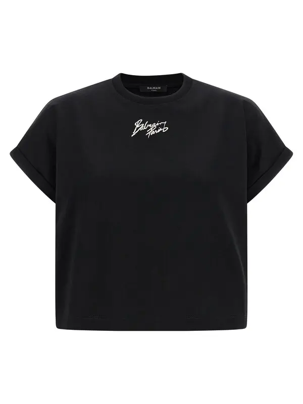 Balmain Cropped Cotton Crewneck T-shirt With Logo Print - Black