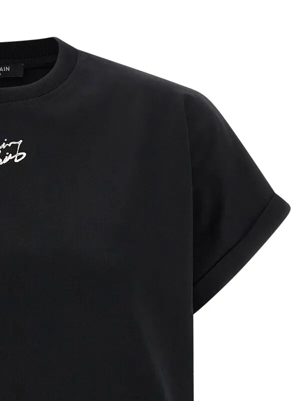 Balmain Cropped Cotton Crewneck T-shirt With Logo Print - Black