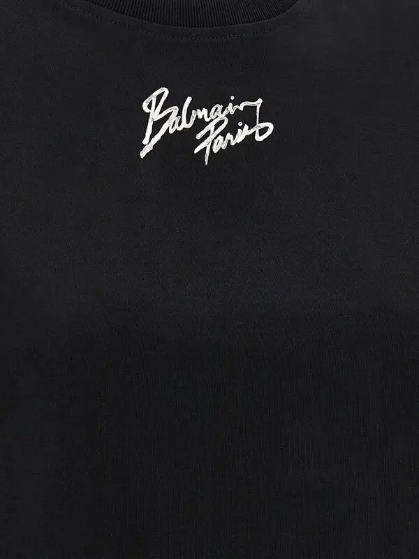 Balmain Cropped Cotton Crewneck T-shirt With Logo Print - Black