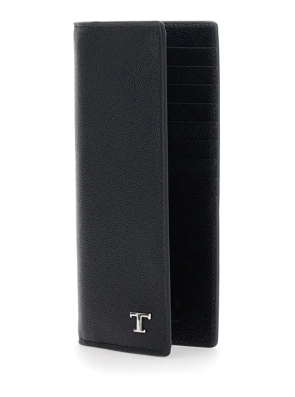 TOD'S Vertical Wallet With Logo Plate On The Front In Black Hammered Leather For